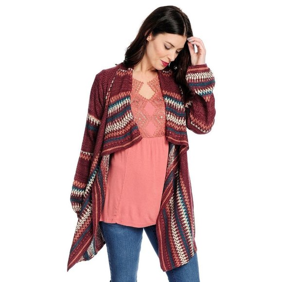 BohoBeauRoseBoutique | Sweaters | Burgundy Red Marsala Aztec Print Open ...
